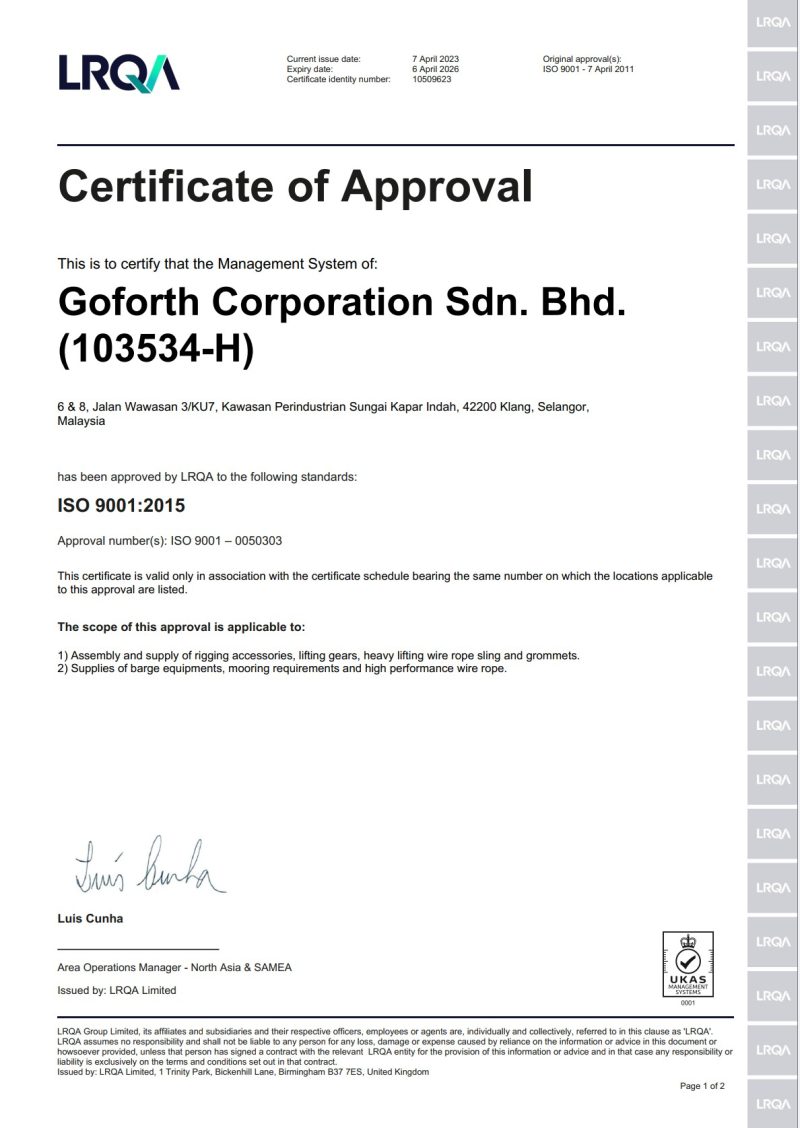 Our Certificates - Goforth Wire Rope Slings, Shackles, Crosby, Spreader ...